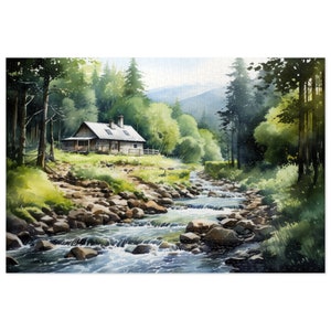 Watercolour Riverside Log Cabin Jigsaw Puzzle 1000-piece - Etsy