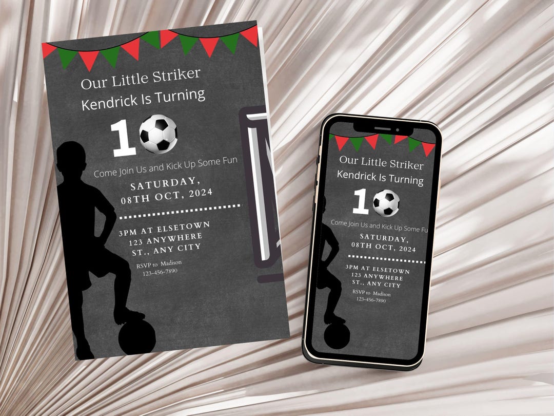 Animated Soccer 10th Birthday Card Invitation , Editable CANVA Template ...