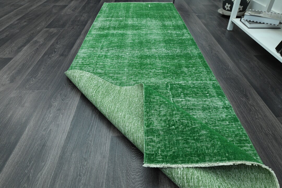 3'1x9'6 Ft, GREEN SOLID RUNNER, Oushak Runner, Turkish Vintage Runner ...