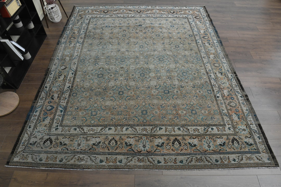 9x10'8 Ft, BLUE TURKISH RUG, Vintage Handmade Rug, Wool Antique Rug ...