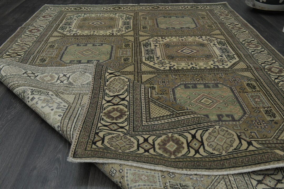 4.7x7.2 Ft, BROWN GREEN RUG, Vintage Neutral Bohemian Rug, 10x13 Area ...