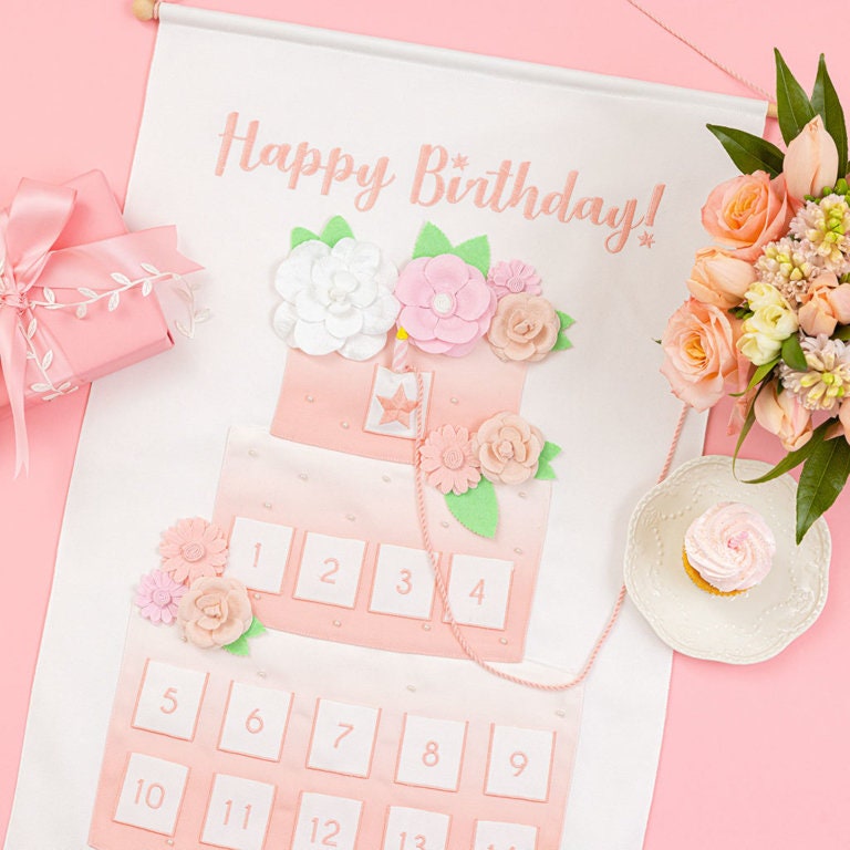 Pink Birthday Countdown Calendar – Embroidered Kids Keepsake & Reusable ...