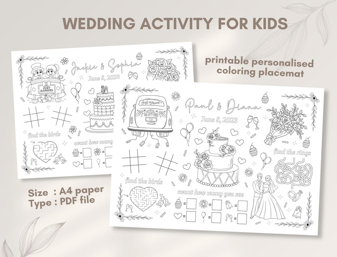 Personalised Wedding Coloring Placemat, Kids Activity Kits for Wedding ...