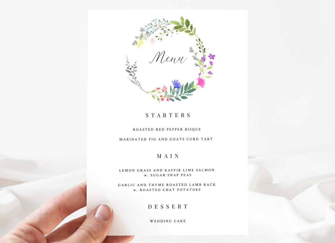 Menu Template, DIY Wedding Menu Card, Watercolor Wildflower Menu ...