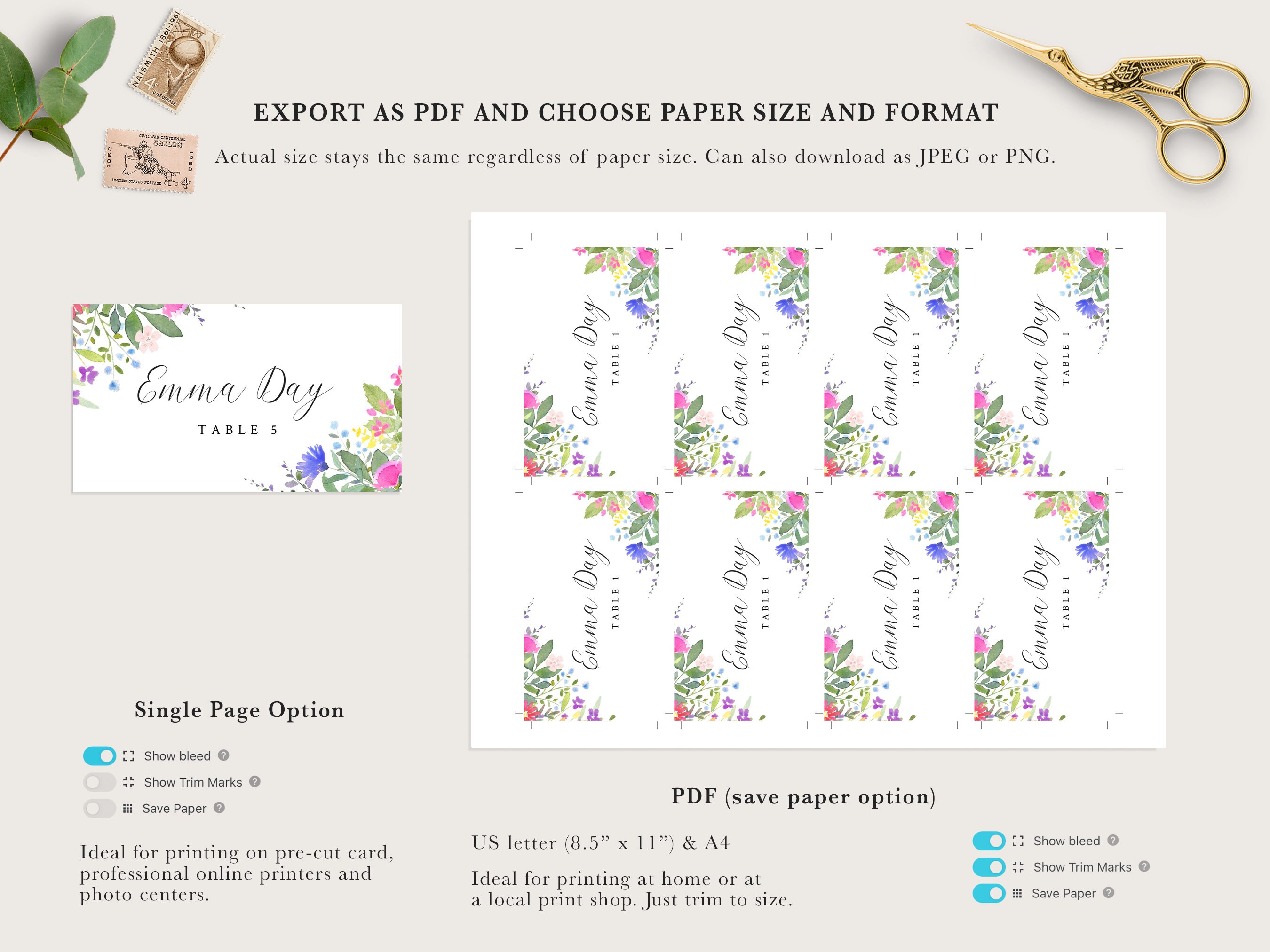 Table Name Card Template With Watercolour Wildflower Design - Etsy