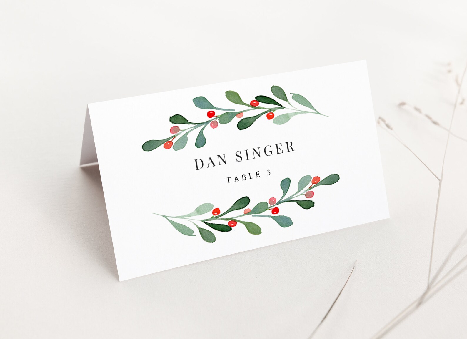 Red Berry Holly Christmas Place Name Template, Printable Tent Name ...