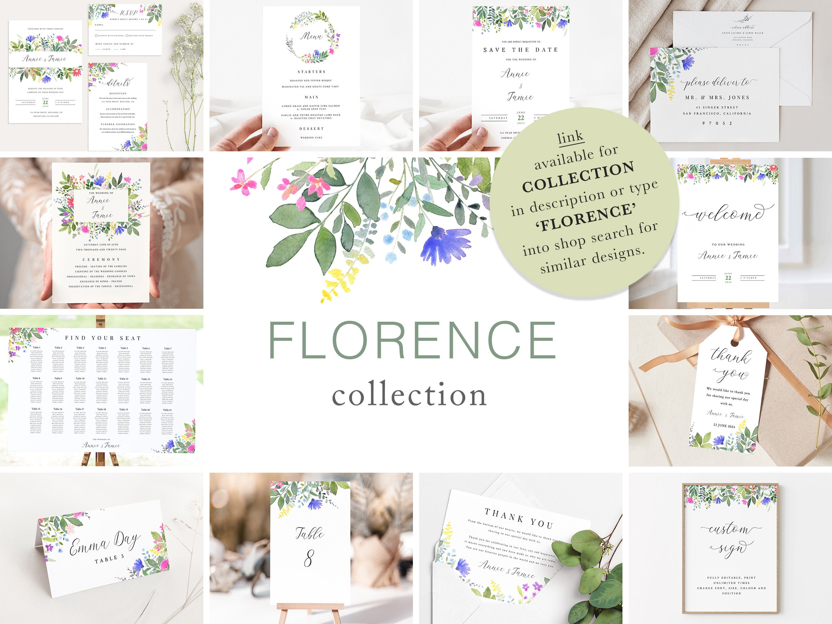 Table Name Card Template With Watercolour Wildflower Design - Etsy