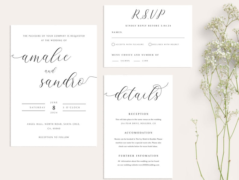 Fancy Font Invitation Set Templates, Editable Wedding Invitation, RSVP ...