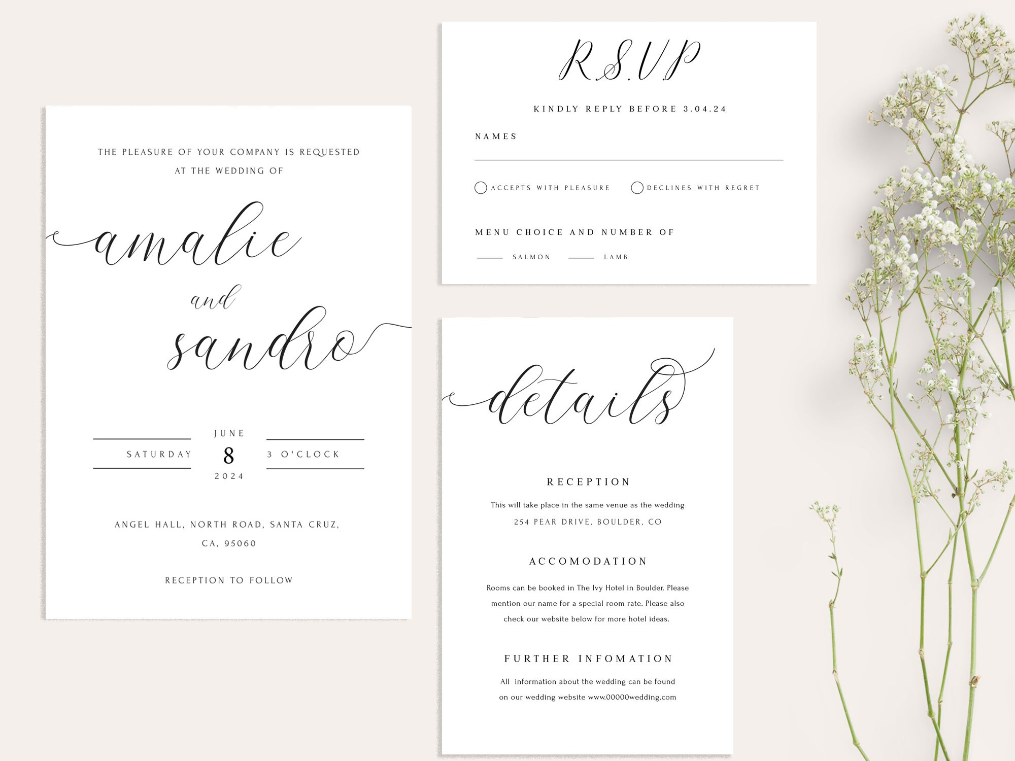 Fancy Font Invitation Set Templates, Editable Wedding Invitation, RSVP ...