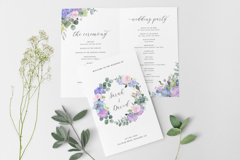 Wedding Program Template for Templett, Lilac Flower Themed Wedding ...