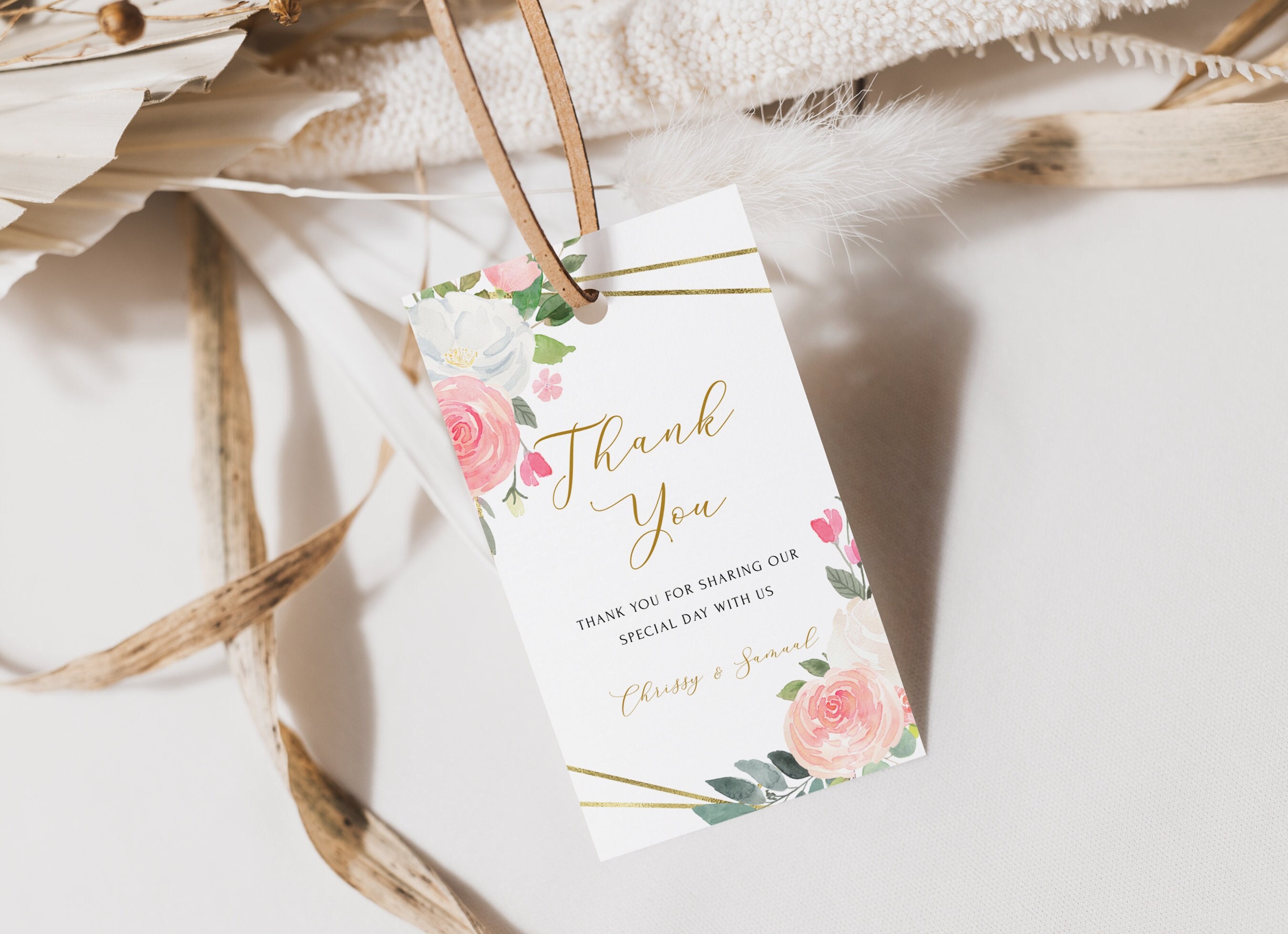 Printable Gift Tag With Pink and White Roses, Gold Geometric Frame Tag ...