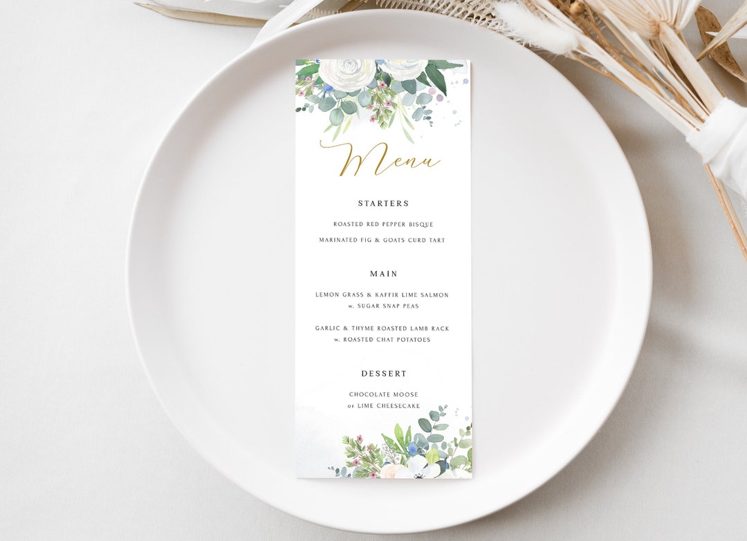 Printable Editable Menu Template for Templett, White Roses and ...