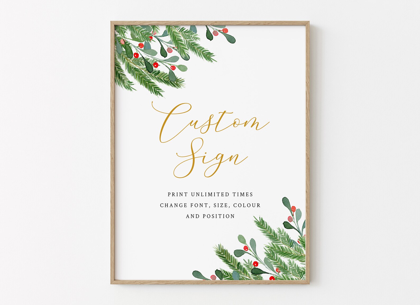 Editable Christmas Sign With Evergreen and Red Berries, Printable ...