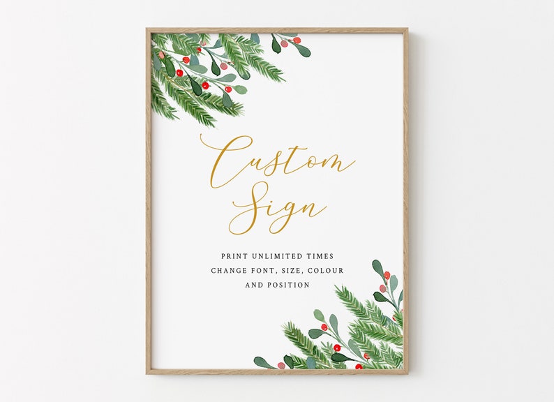 Editable Christmas Sign With Evergreen and Red Berries, Printable ...