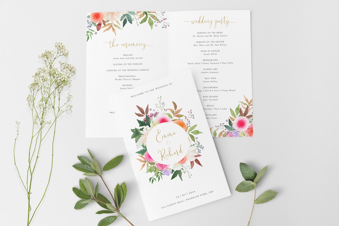 Folded Program Template, US Letter Size, A4, Wedding Program Templett ...