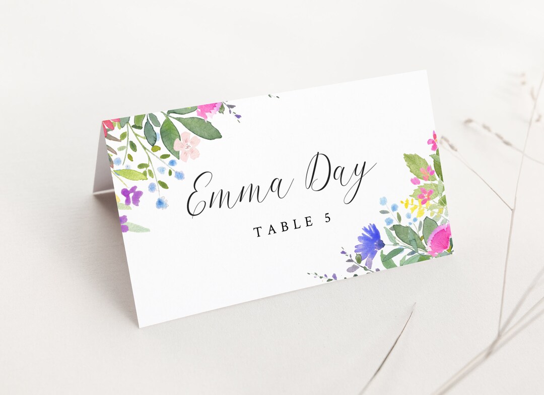 Table Name Card Template With Watercolour Wildflower Design - Etsy