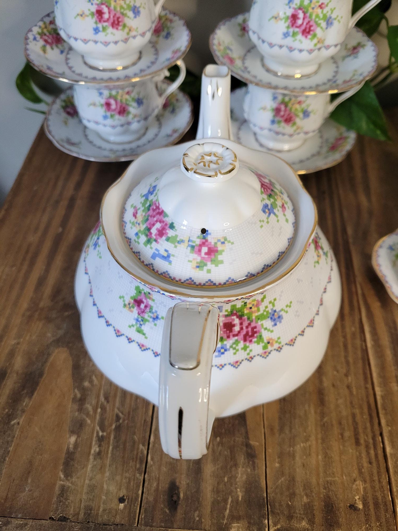 Royal Albert Petit Point Tea Pot, Teacup and Saucer, Cream and Sugar ...