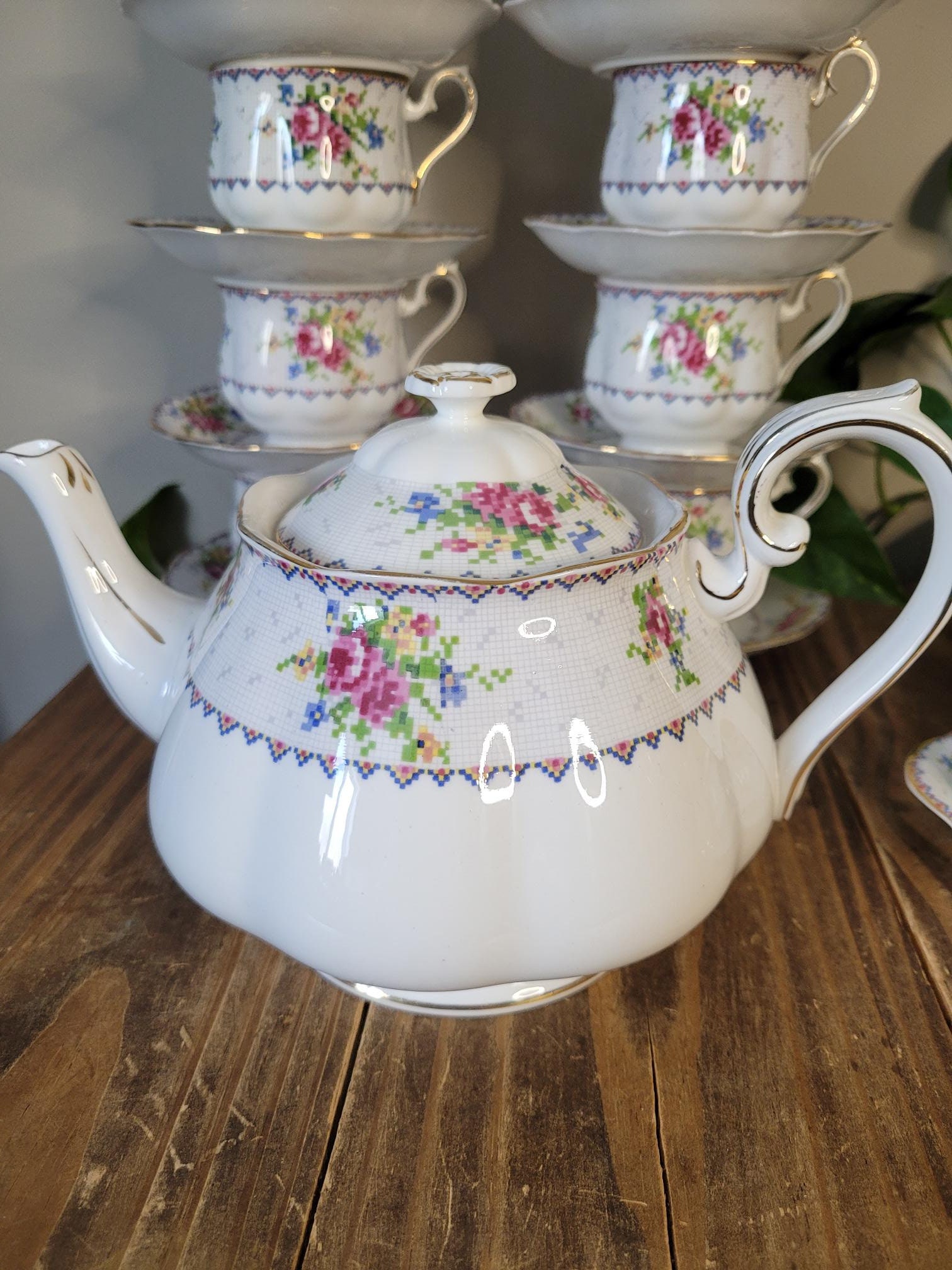 Royal Albert Petit Point Tea Pot, Teacup and Saucer, Cream and Sugar ...