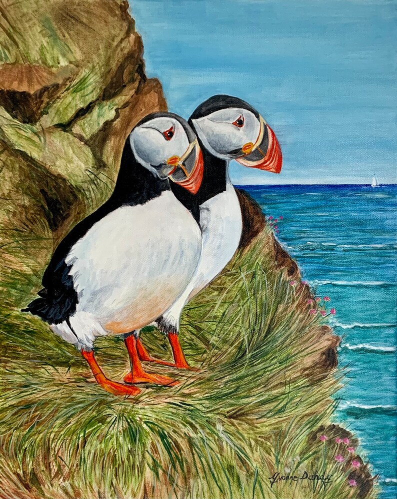 Puffins on the Cliffs, Original, Acrylic, Seascape Painting. - Etsy UK