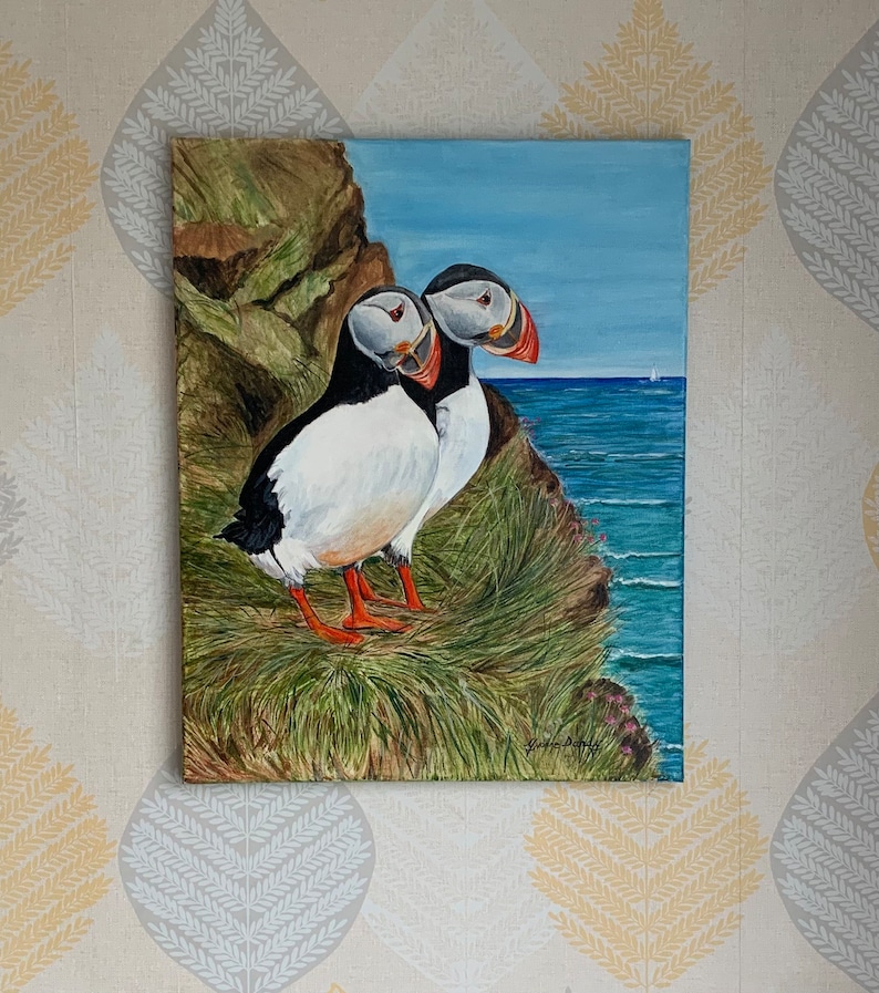 Puffins on the Cliffs, Original, Acrylic, Seascape Painting. - Etsy UK