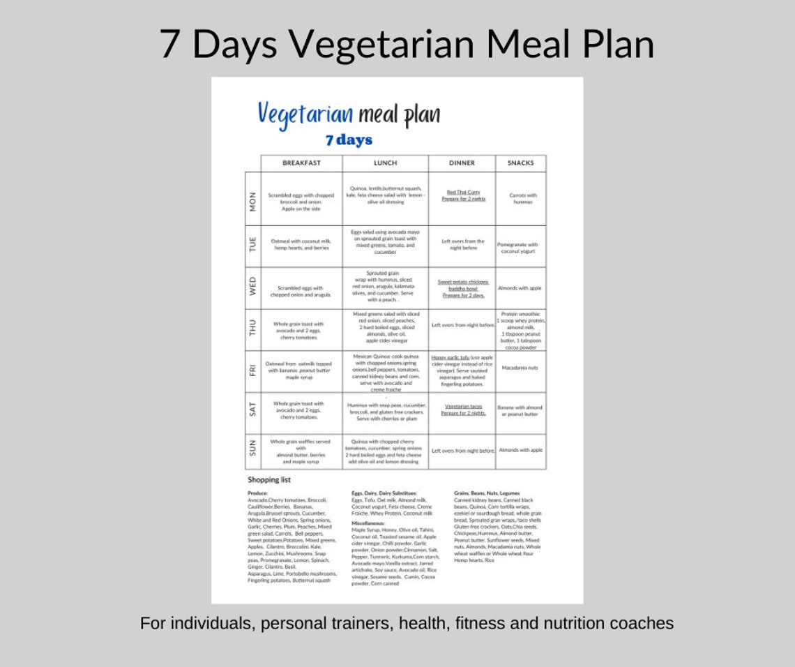 Easy 7 Days Vegetarian Meal Plan, At-a-glance Weekly Protein Diet ...