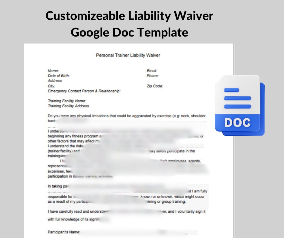 Customizable Personal Trainer Liability Waiver Form (google Doc Template) - Etsy