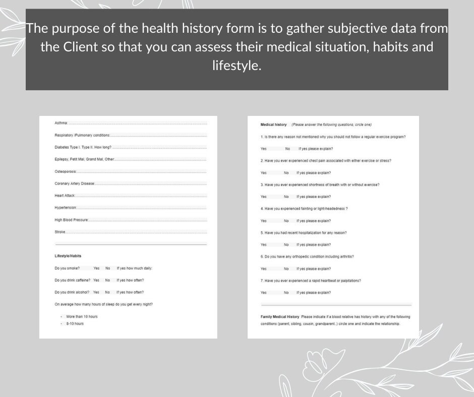 Client Intake Health History Questionnaire Personal Trainer ...