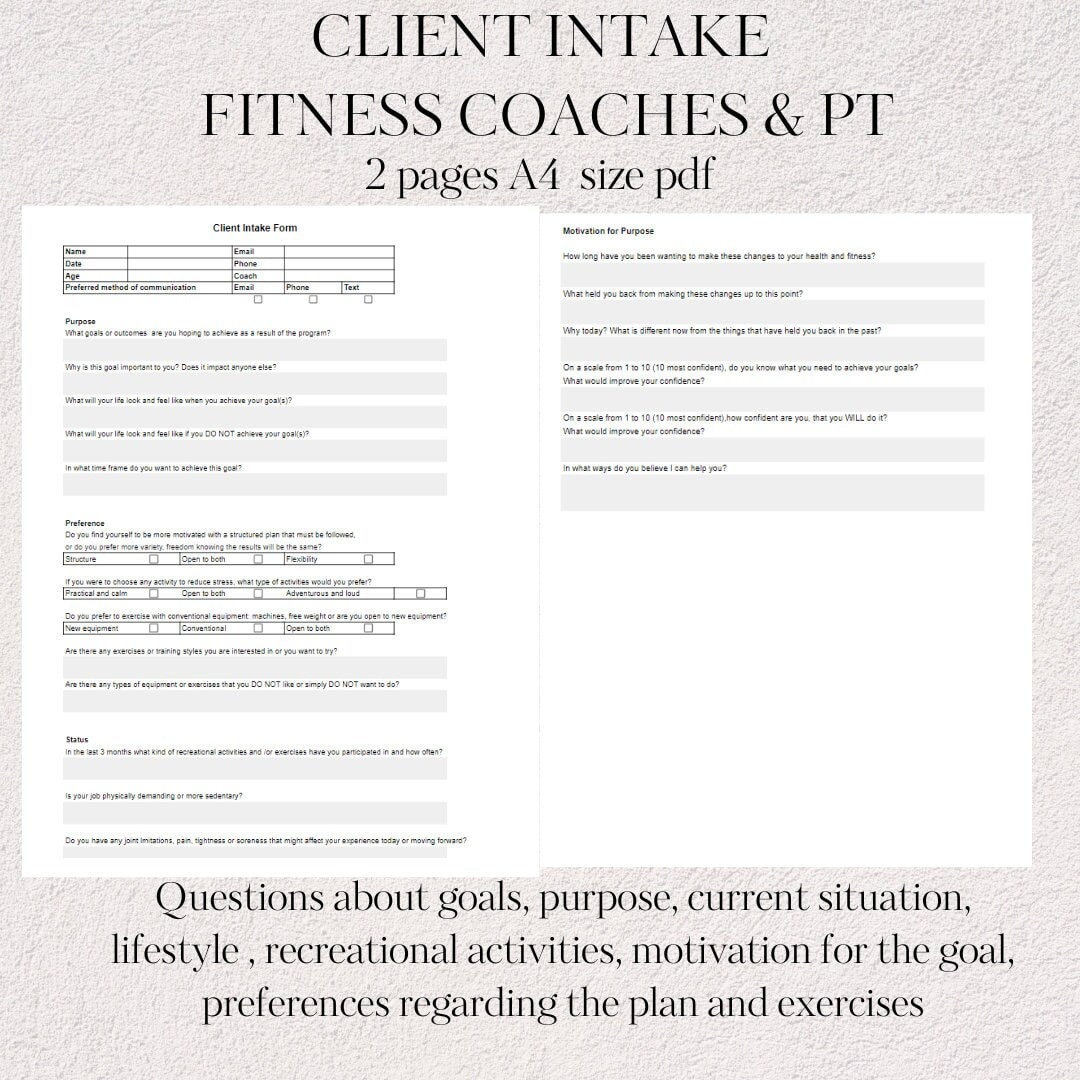 Health Coach Client Intake Form, Personal Trainer Template,unbranded ...
