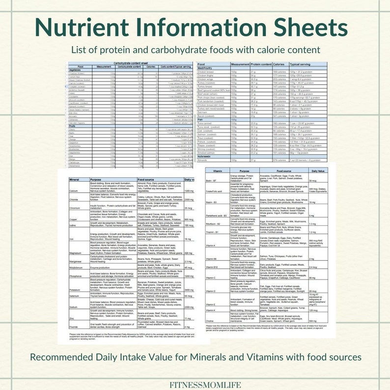 Nutrient Information 4 Pages Bundle, Calorie Counting Chart,protein ...