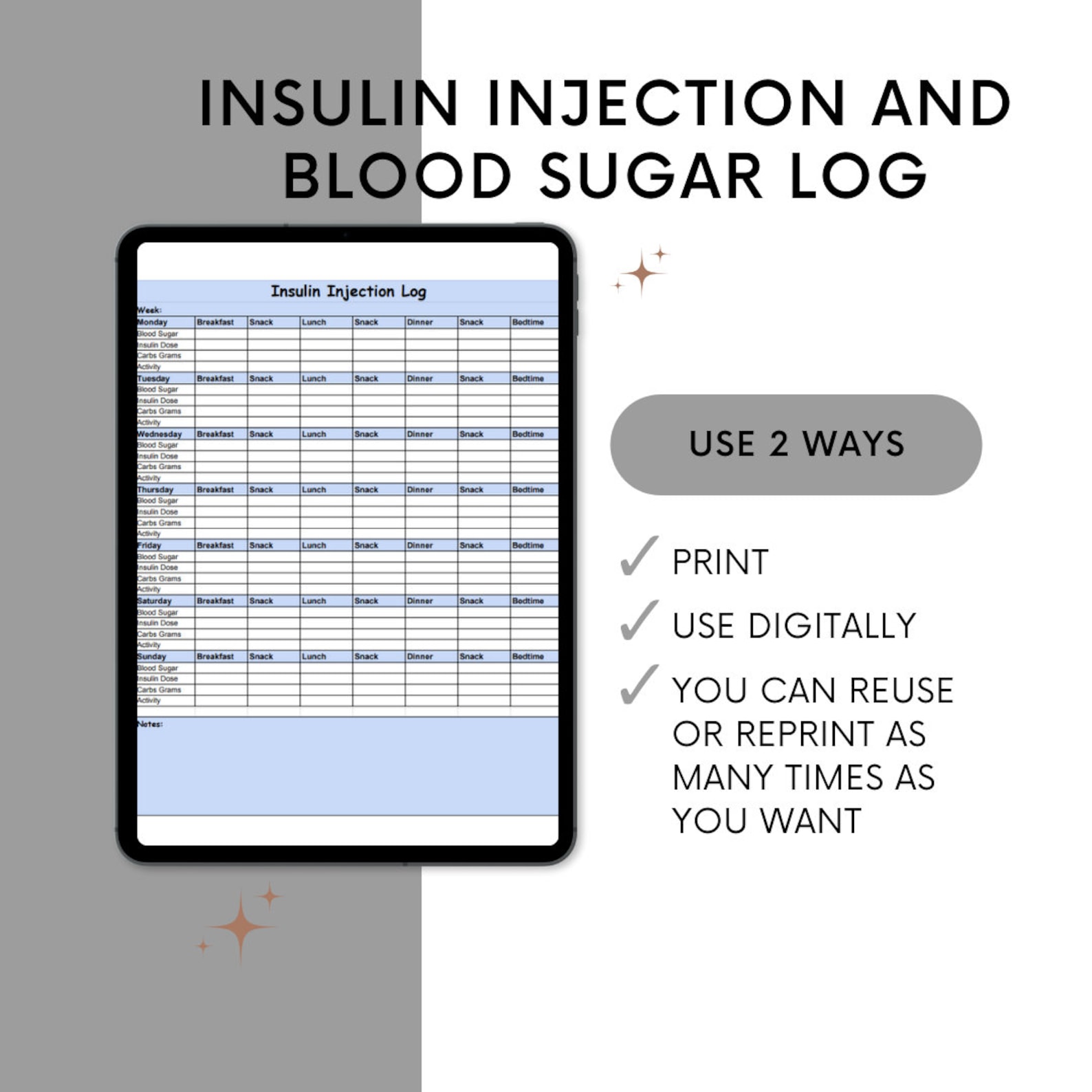 Insulin Injection Tracker Page,digital Diabetis Log Book, Blood Sugar ...