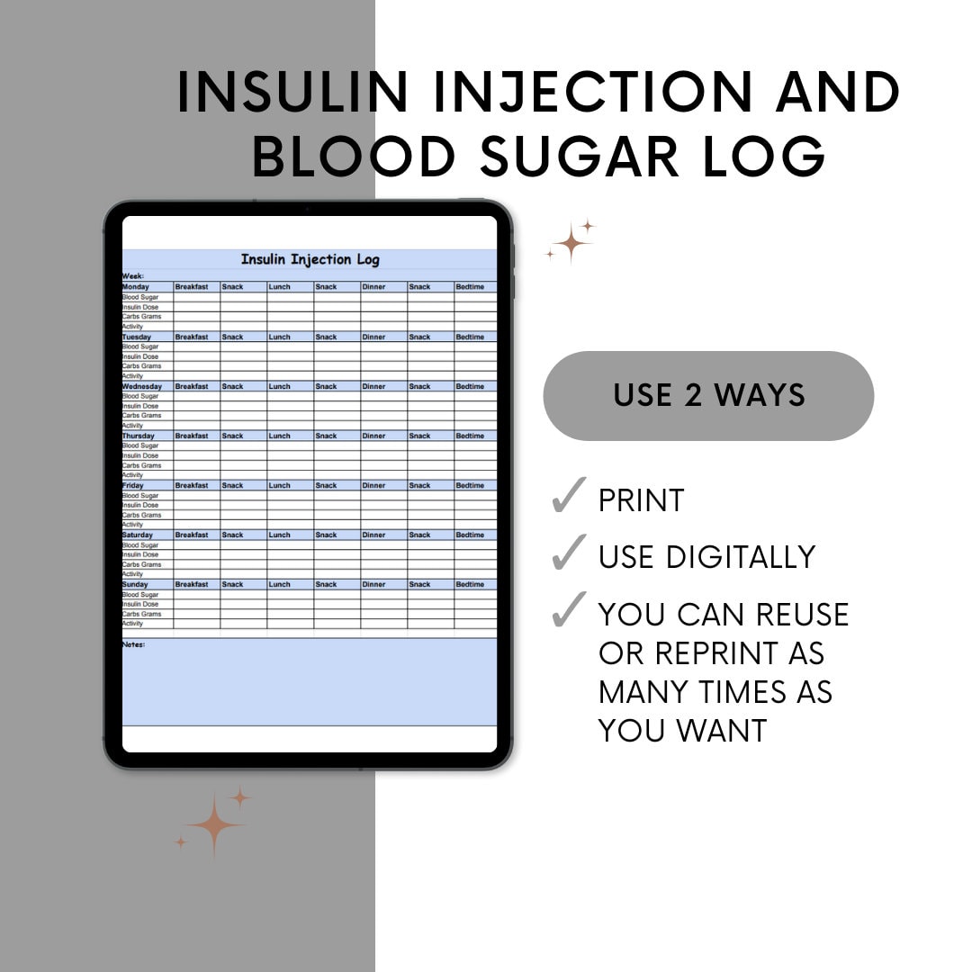 Insulin Injection Tracker Page,digital Diabetis Log Book, Blood Sugar ...