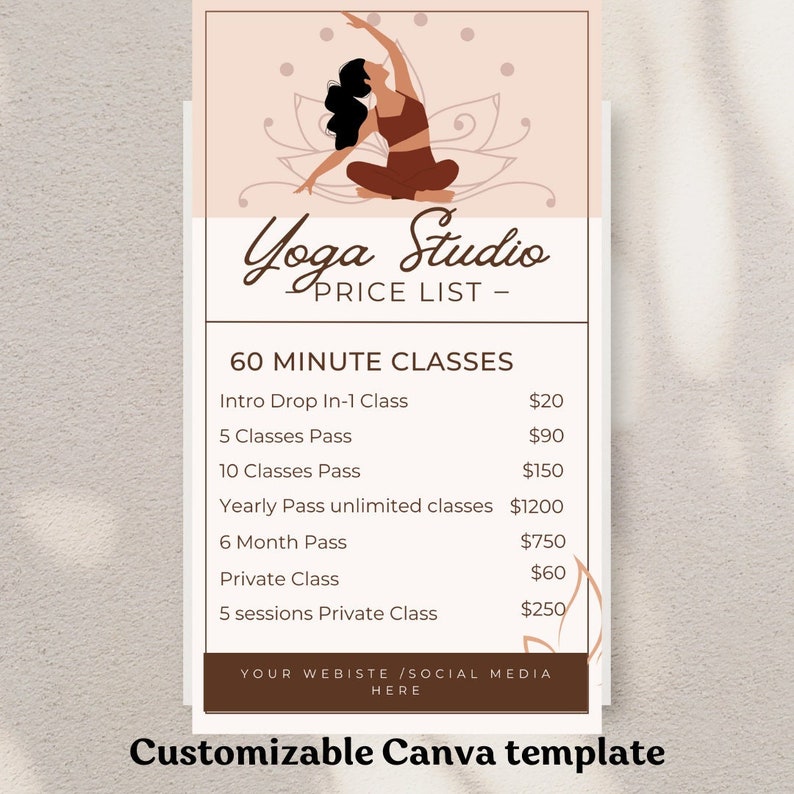 Yoga Studio Price List Template, Canva Yoga Intsructor Price List, Editable Canva Template for ...