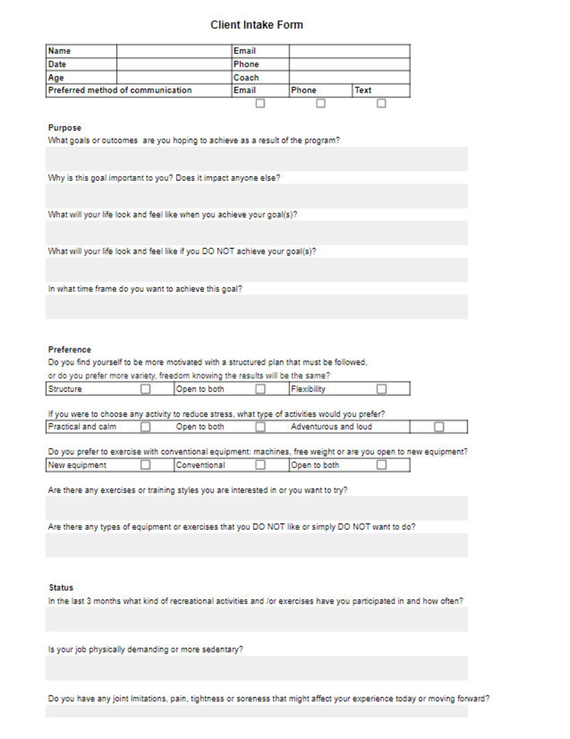 Health Coach Client Intake Form, Personal Trainer Template,unbranded ...