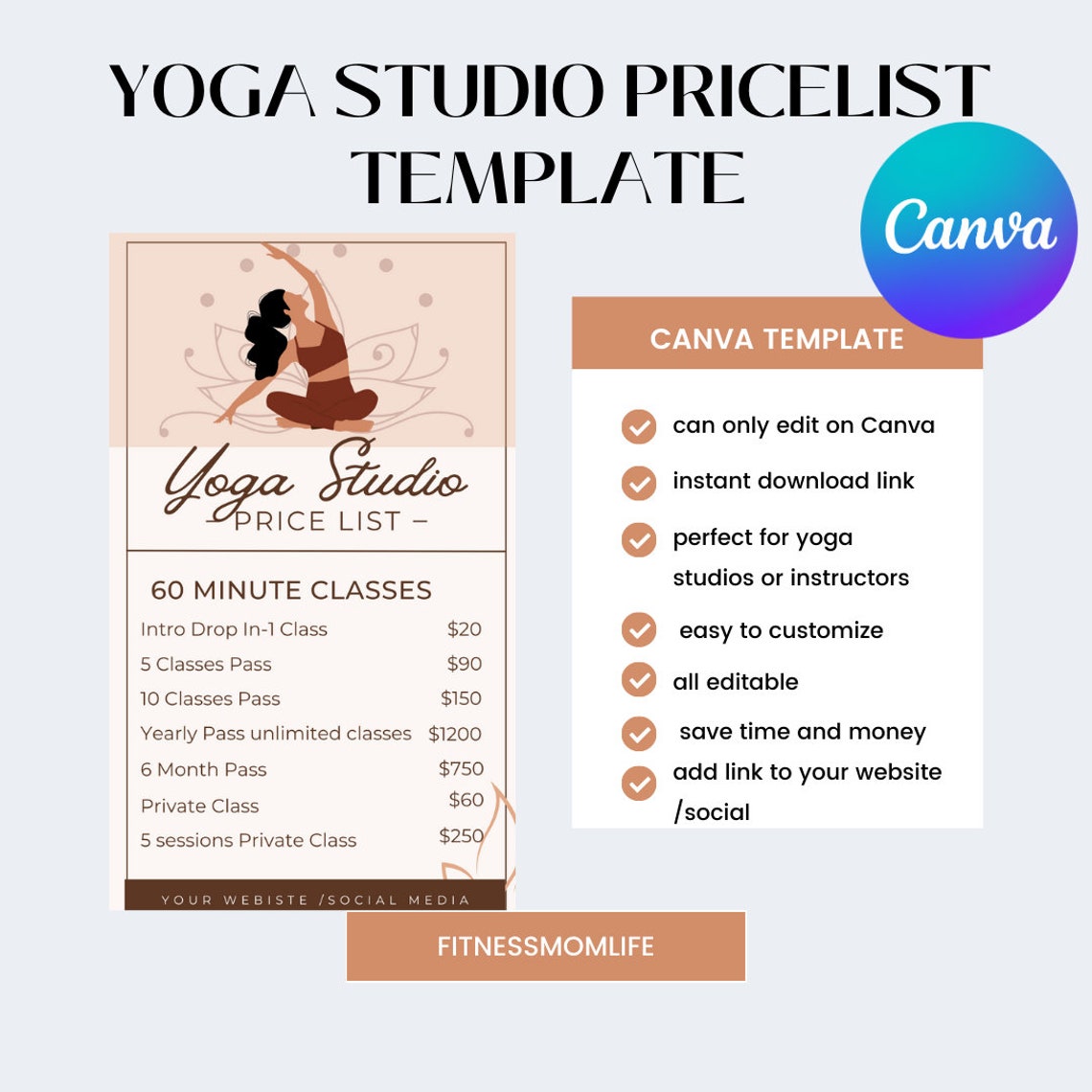 Yoga Studio Price List Template, Canva Yoga Intsructor Price List ...