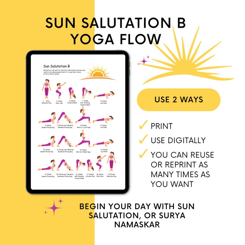 Sun Salutation B Yoga Sequence Poster, Yoga Flow Printable, Digital ...