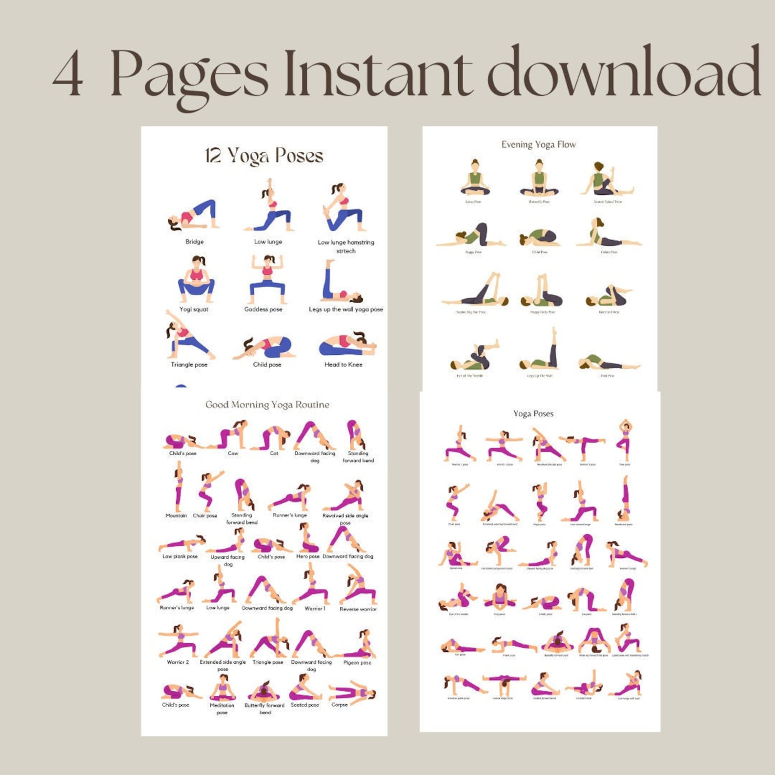Yoga Poses Printable 4 Pages Bundle,digital Download Yoga Poses,yoga ...