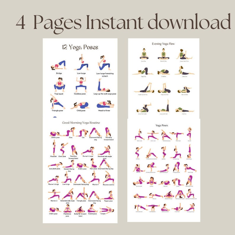 Yoga Poses Printable 4 Pages Bundle,digital Download Yoga Poses,yoga ...