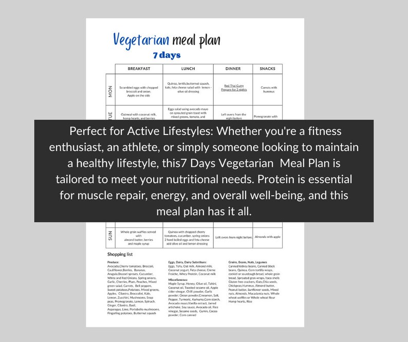 7 Day Vegetarian Meal Plan: Easy Weekly Protein Diet for Weight Loss ...