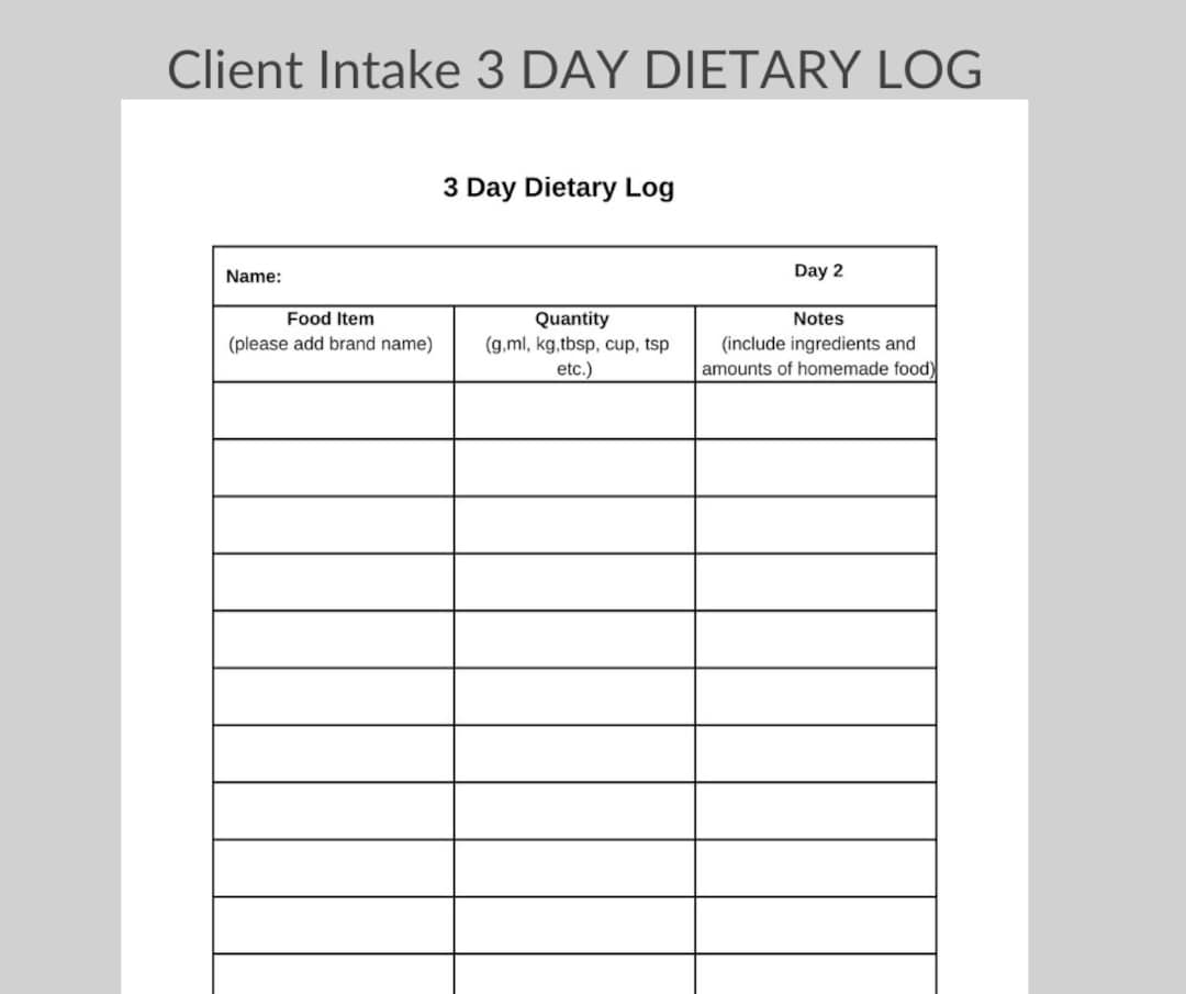 Client Intake Dietary Log, 3 Day Dietary Log, Personal Trainer,fitness ...