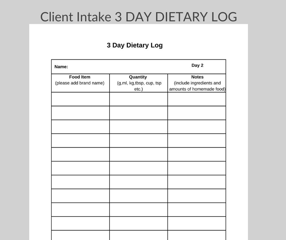 Client Intake Dietary Log, 3 Day Dietary Log, Personal Trainer,fitness ...