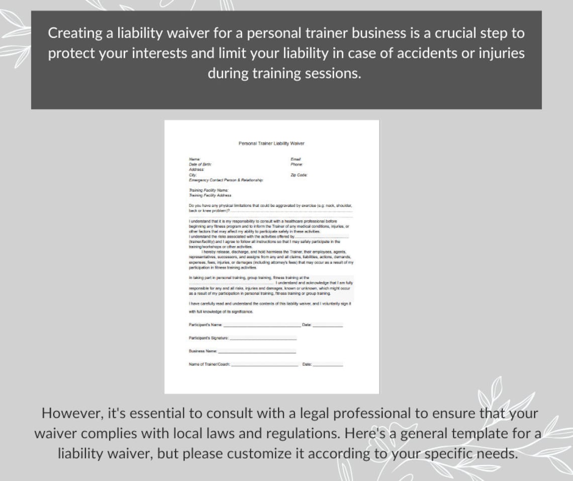 Customizable Liability Waiver Form, Personal Trainer Client Intake ...