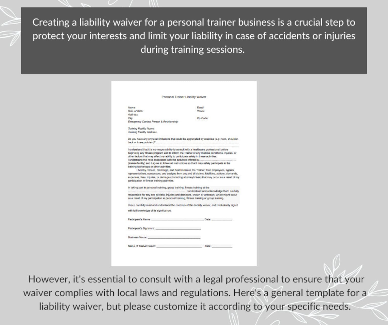 Customizable Liability Waiver Form, Personal Trainer Client Intake ...