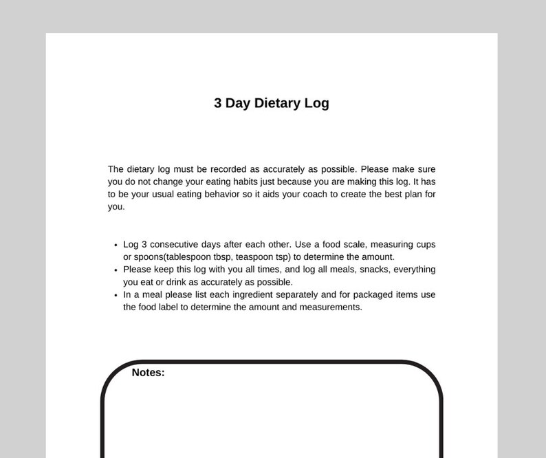 Client Intake Dietary Log, 3 Day Dietary Log, Personal Trainer,fitness ...