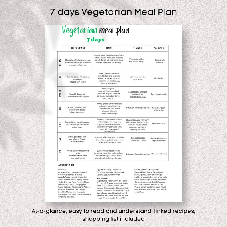 Easy 7 Days Vegetarian Meal Plan, At-a-glance Weekly Diet, Vegetarian ...