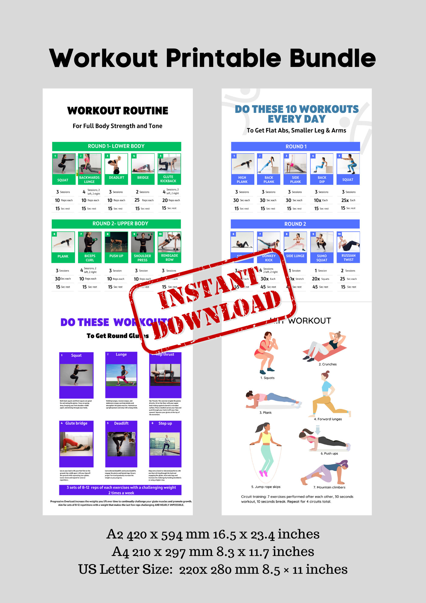 Full Body Home Workout Printable Bundle 4 Pages,daily Strength Training ...