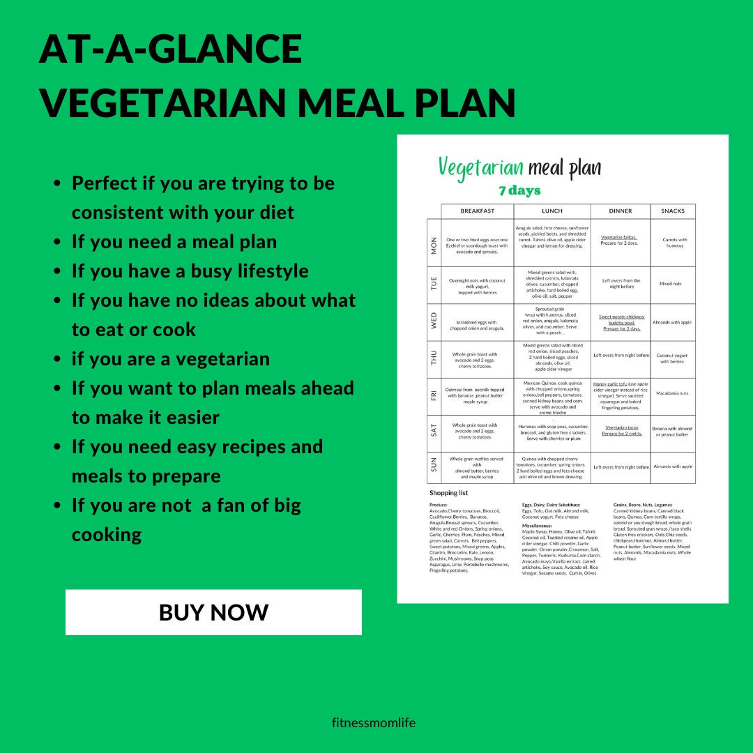 Easy 7 Days Vegetarian Meal Plan, At-a-glance Weekly Diet, Vegetarian ...
