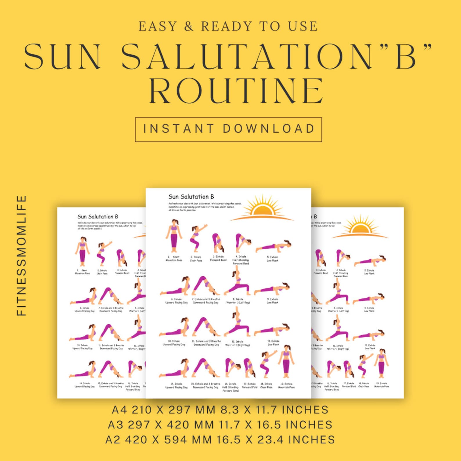 Sun Salutation B Yoga Sequence Poster, Yoga Flow Printable, Digital Yoga Poses With Names Pdf ...