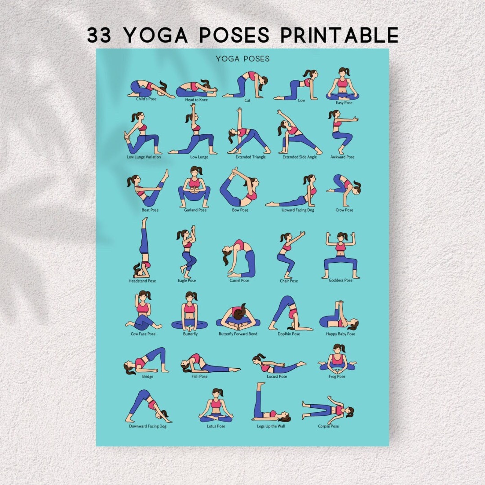 33 Yoga Poses Printable Posterdigital Download Yoga Poses Posteryoga Poses Pdf Yoga Poses 