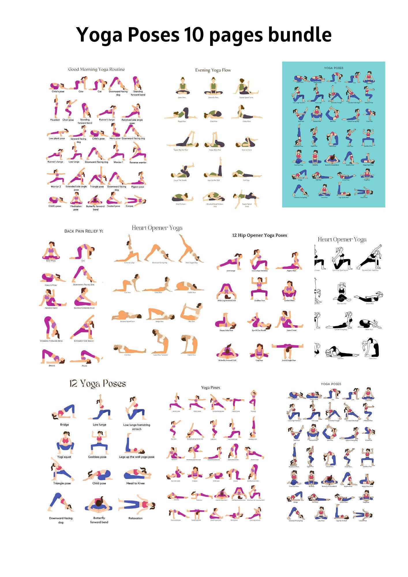 Yoga Poses Bundle 10 Pages Printable,digital Download Yoga Poses ,yoga ...