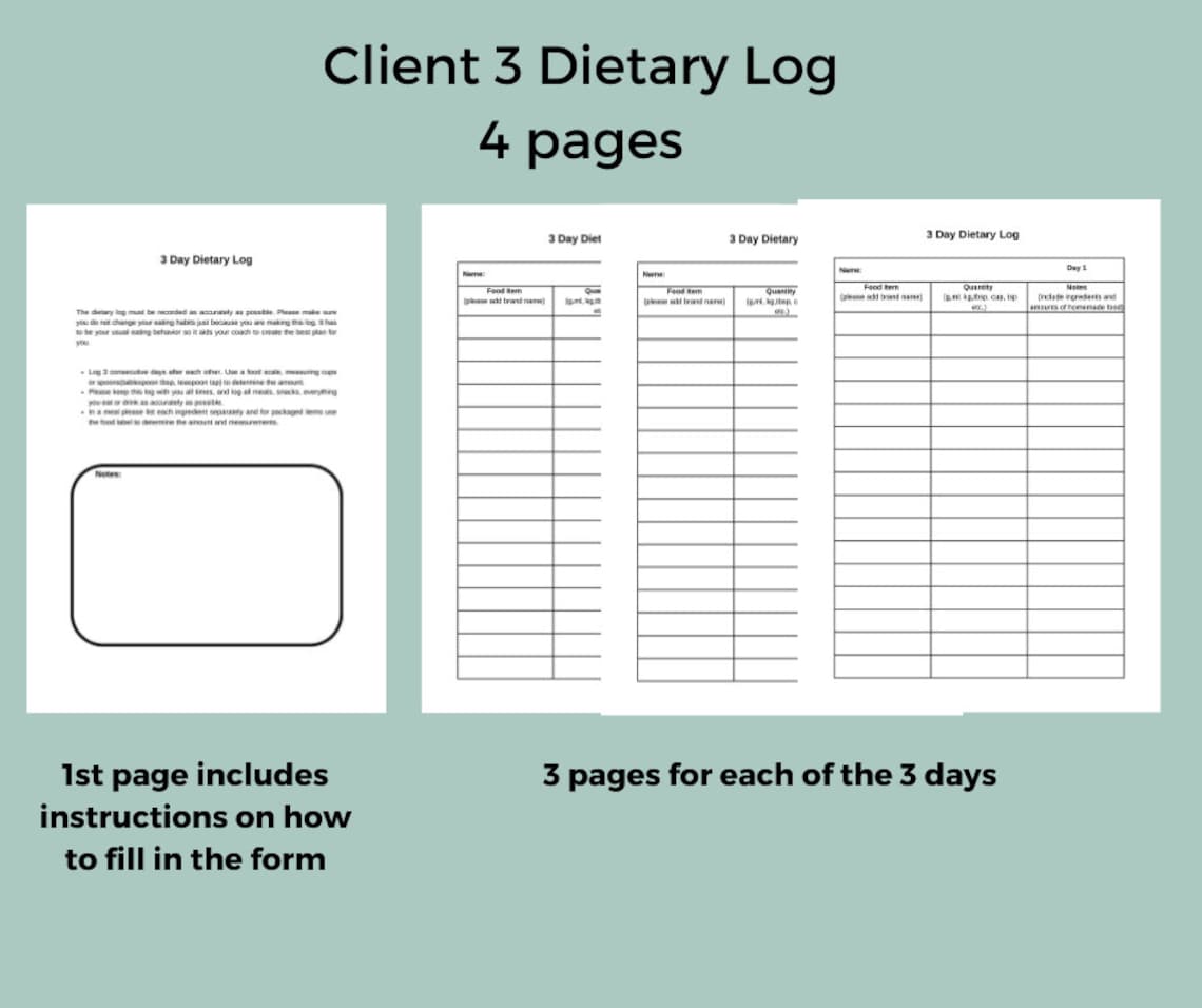 Client 3-day Dietary Log, Health and Fitness Intake (PDF) - Etsy